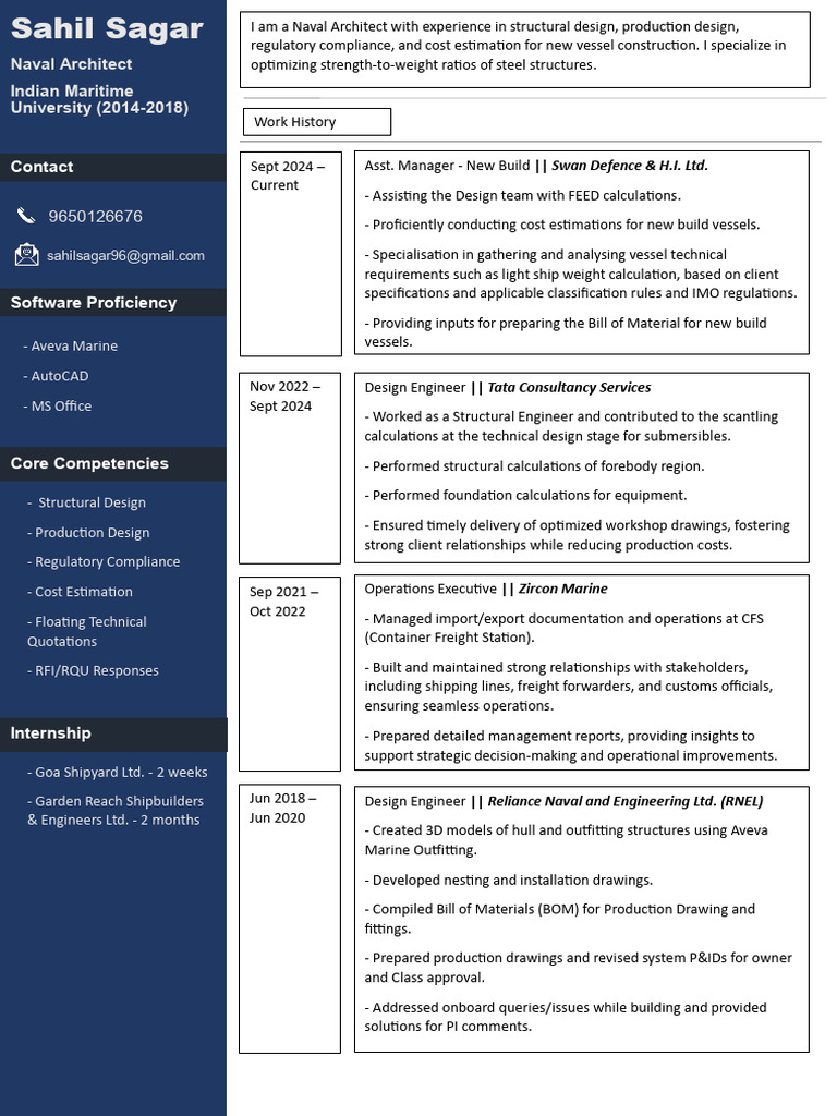 Sahil Sagar Naval Arch 5 YoE | PDF | Naval Architecture | Shipping