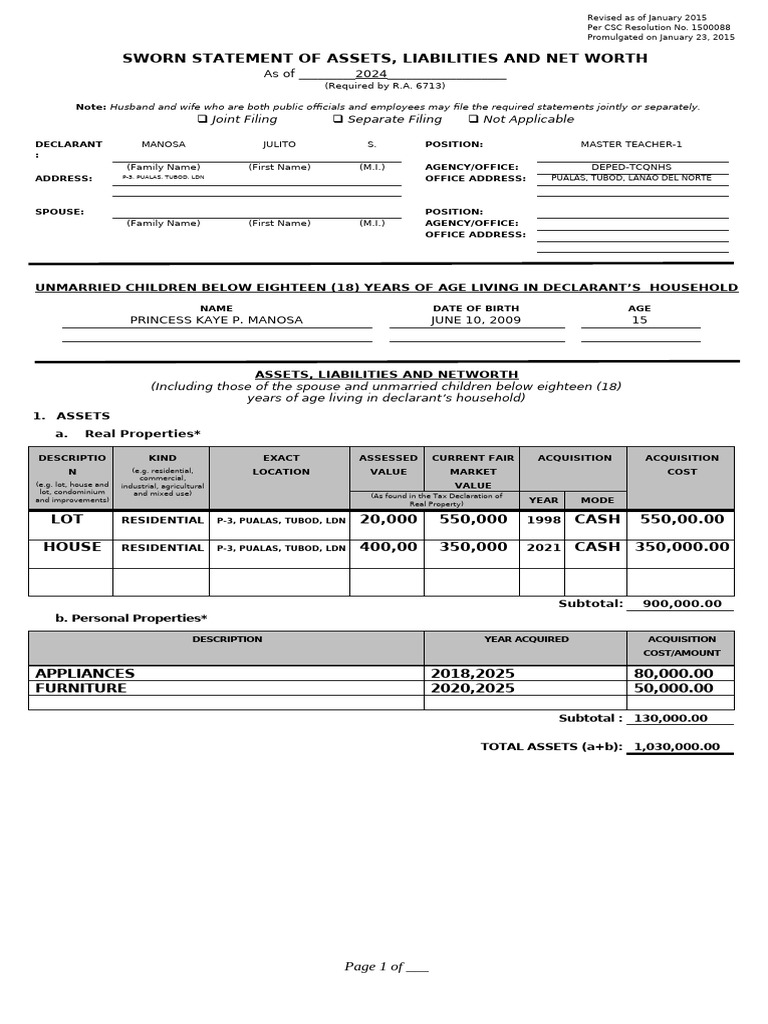 Statement of Assets and Liabilities SALN Form Revised January 2015 ...