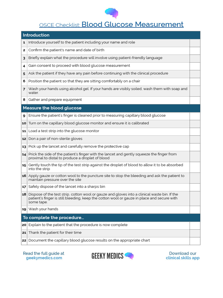 OSCE Checklist Blood Glucose Measurement | PDF