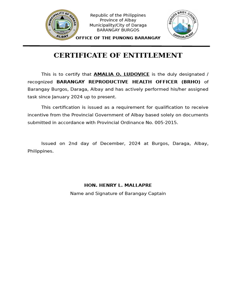 Certificate of Entitlement Format | PDF