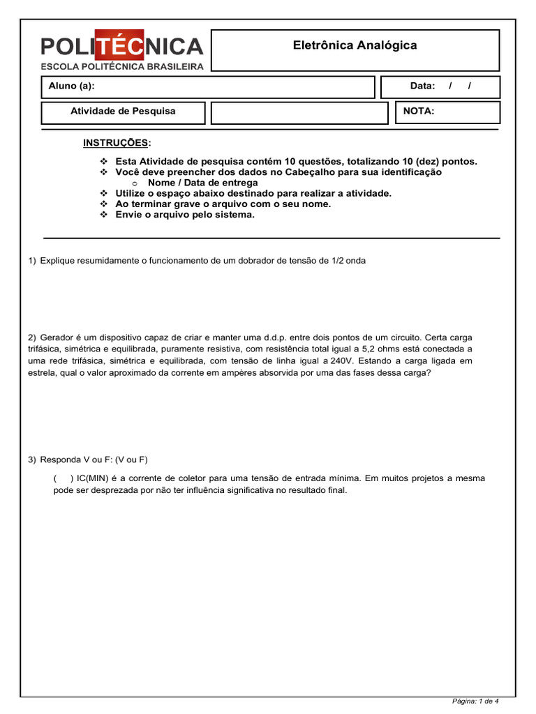 Atividade de Pesquisa - Eletrônica Analógica | PDF | Rede elétrica | Circuitos em série e em ...
