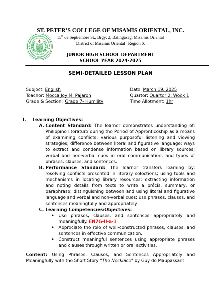 Semi Detailed Lesson Plan English 7 | PDF | Verb | Sentence (Linguistics)