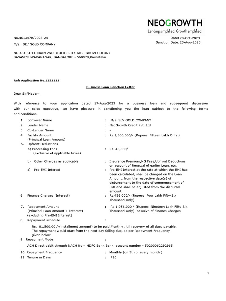 Neo Sanction Letter-Resend - 1252233 | PDF | Loans | Interest