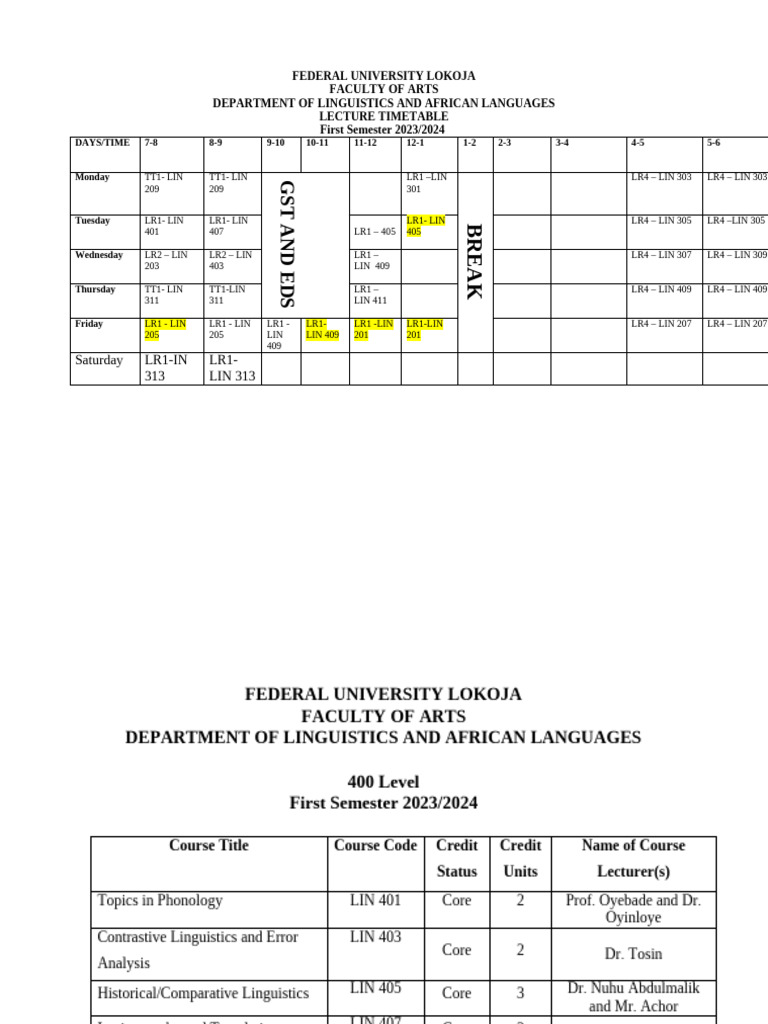Lecture Time Table and Course Allocation For Linguistics Department | PDF | Linguistics ...
