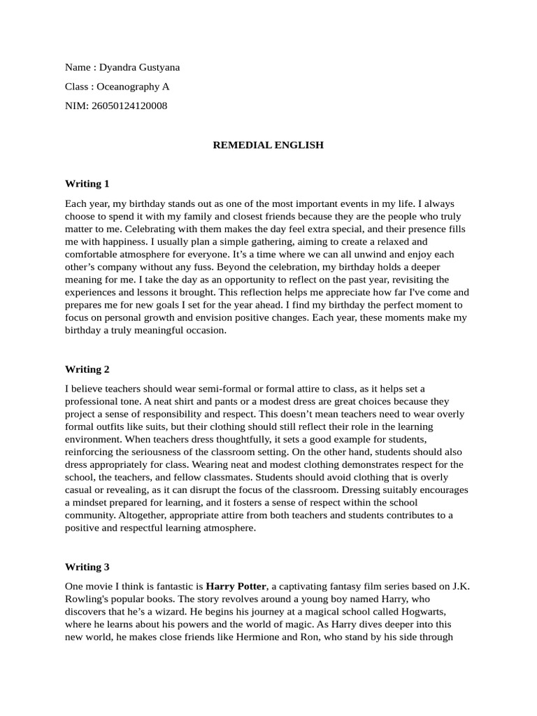 Dyandra Gustyana - 26050124120008 - Remedial English | PDF | Harry Potter