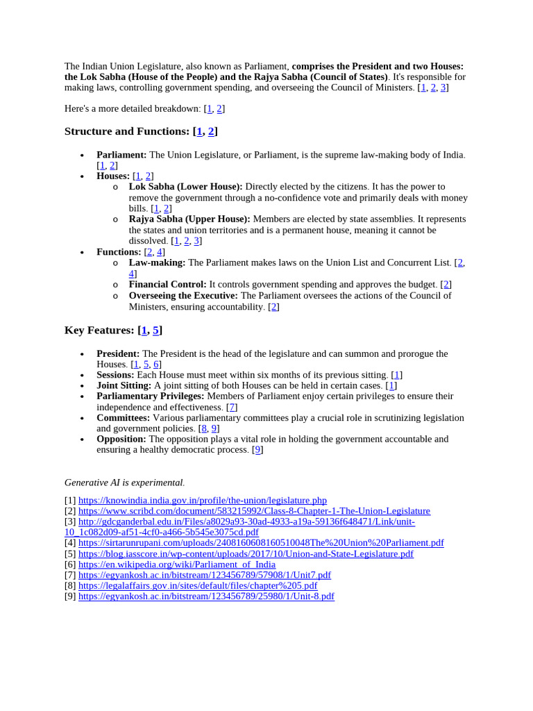 The Indian Union Legislature | PDF | Accountability | Government Of India