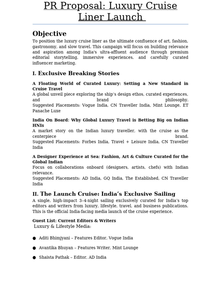 Luxury Cruise PR Proposal for India | PDF | Fashion