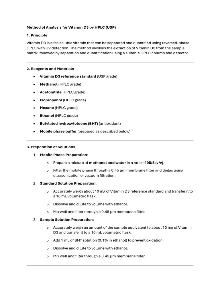 HPLC Analysis Method for Vitamin D3 | PDF | High Performance Liquid ...