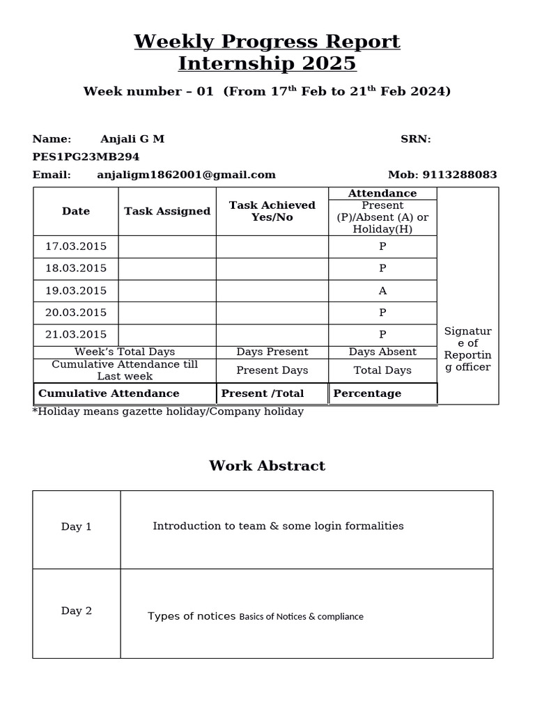 Internship 2025 Week 1 Progress Report | PDF