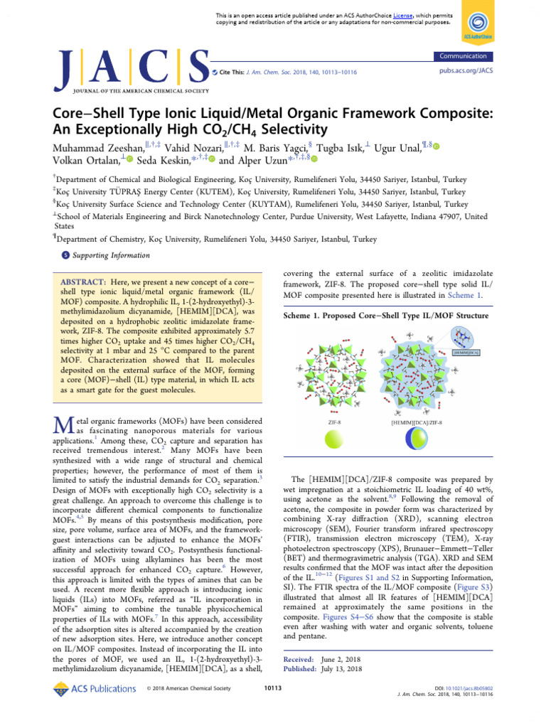 Core-Shell IL/MOF for CO2/CH4 Separation | PDF | Adsorption | Gases