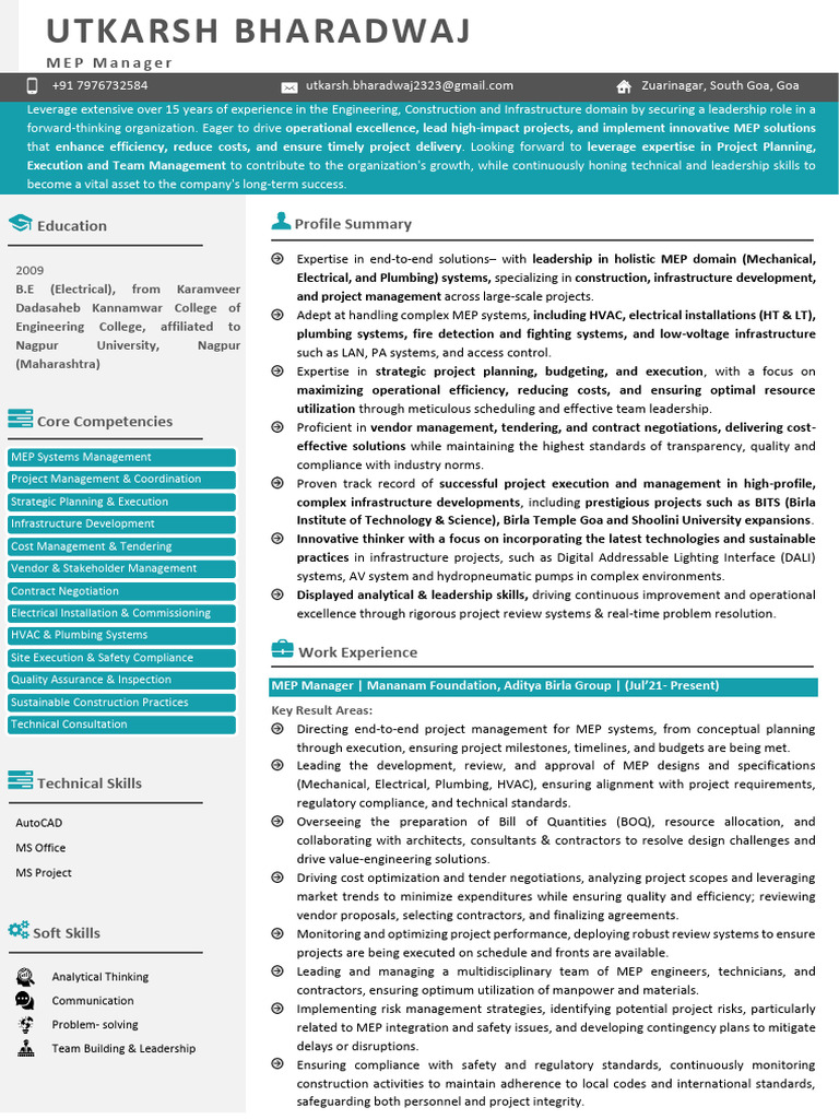 MEP Manager Resume: 15 Years Experience | PDF | Project Management ...