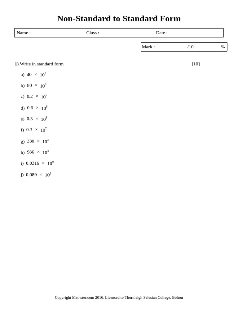 Maths Standard Form worksheet 6 | PDF