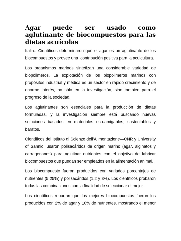 Agar Puede Ser Usado Como Aglutinante de Biocompuestos para Las Dietas Acuícolas | PDF