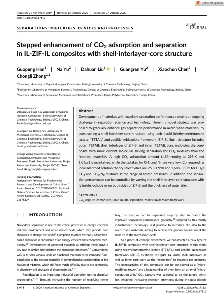 AIChE Journal - 2020 - Han - Stepped Enhancement of CO2 Adsorption and Separation in IL ZIF IL ...