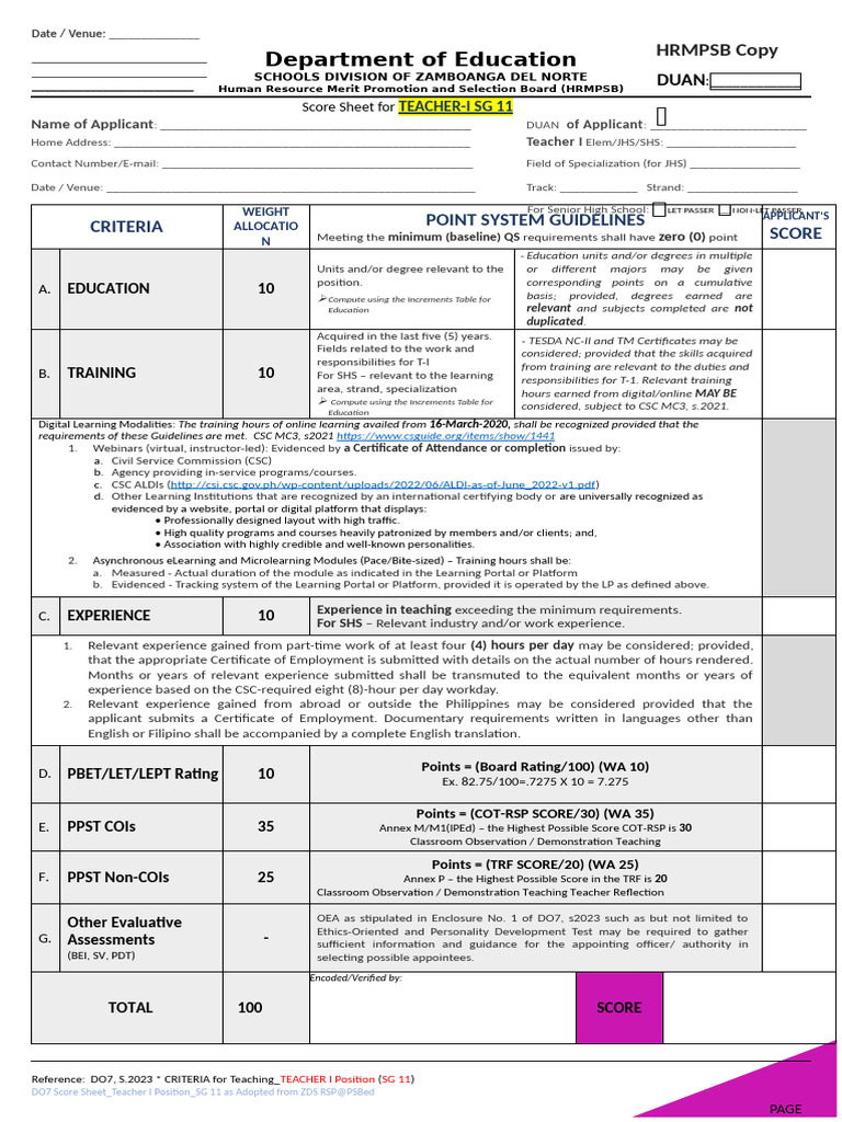 DO7 Score Sheet - Teacher I Position - SG 11 ZN1 | PDF