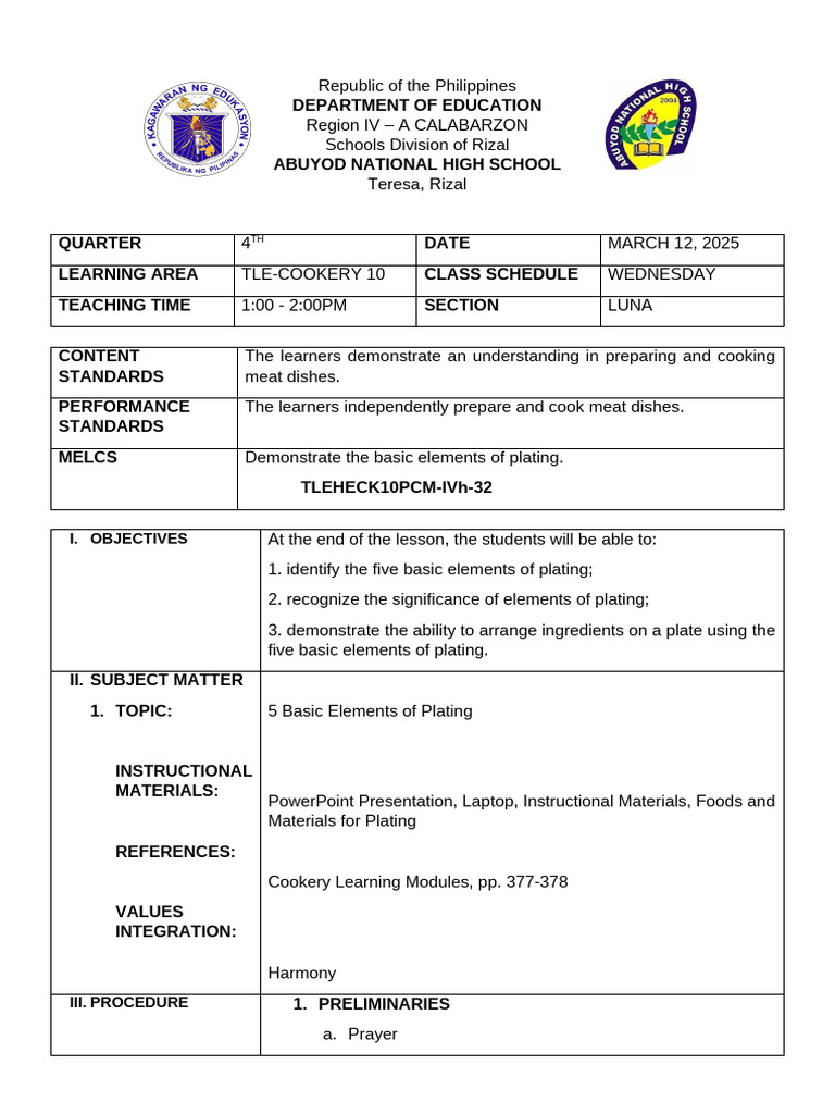 Lesson Plan-5 BASIC ELEMENTS OF PLATING | PDF | Fast Food | Restaurants