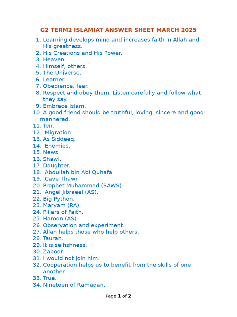 G3 Term2 Answer Sheet March 2025 | PDF