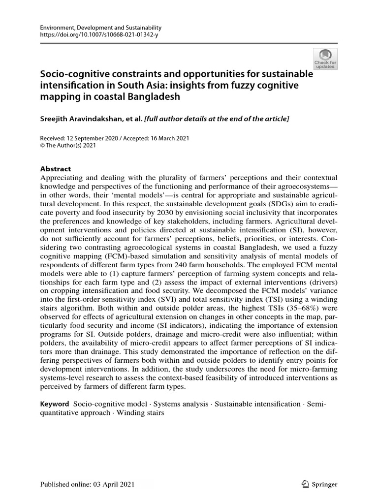 Socio Cognitive Constraints and Opportunities For Sustainable Intensifcation in South Asia ...