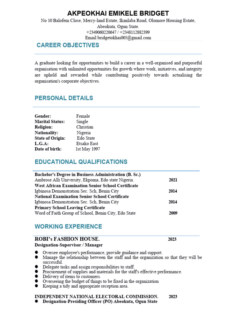 Akpeokhai Emikele Bridget CV | PDF | Business