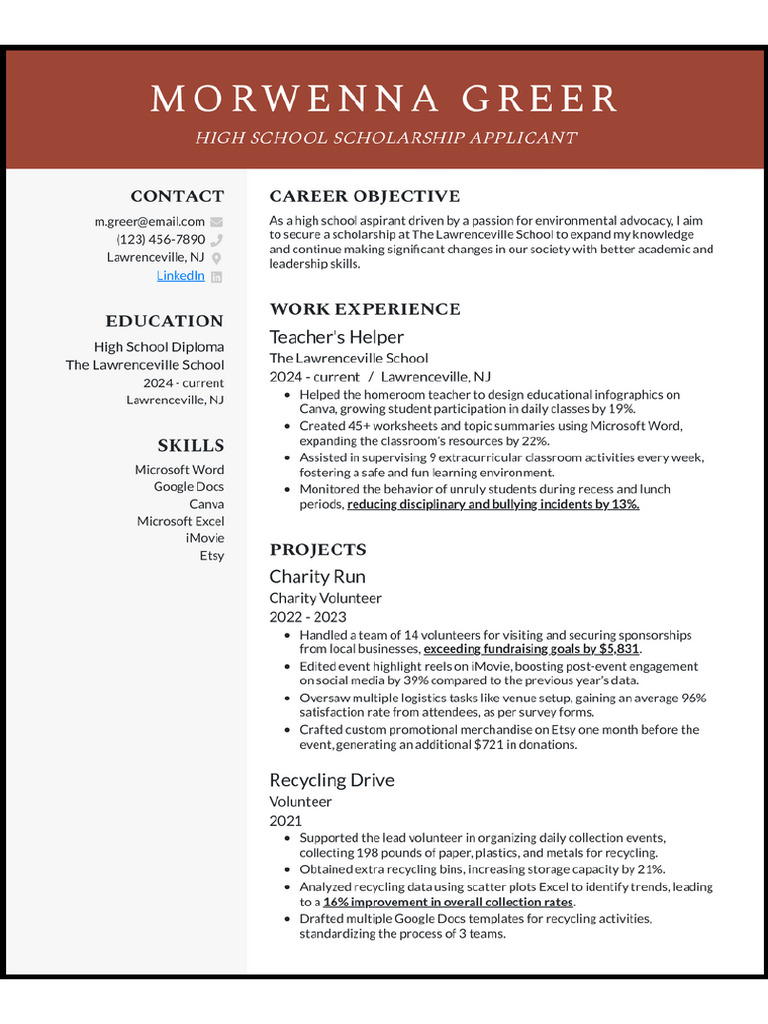 Beginner High School Student Resume Example | PDF