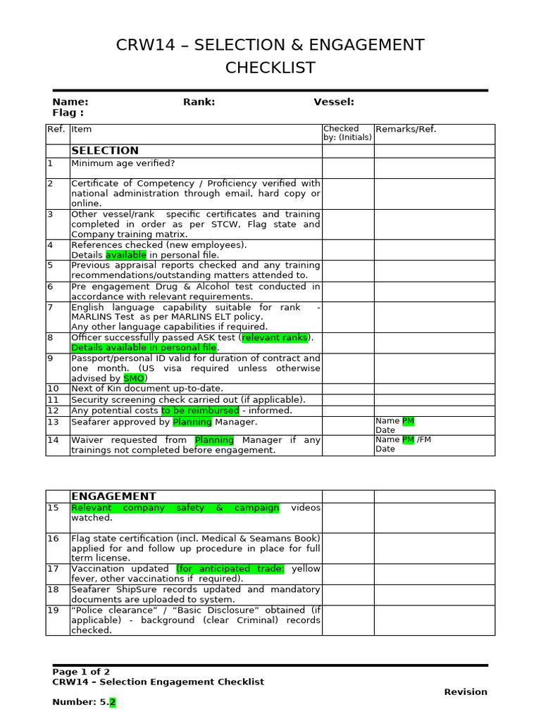 crw14 - Selection Engagement Checklist | PDF