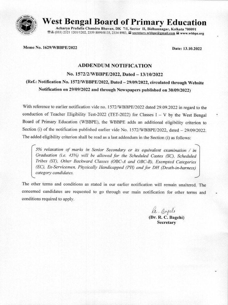 Addendum Notification For Relaxation in Graduation Applying TET-2022 ...