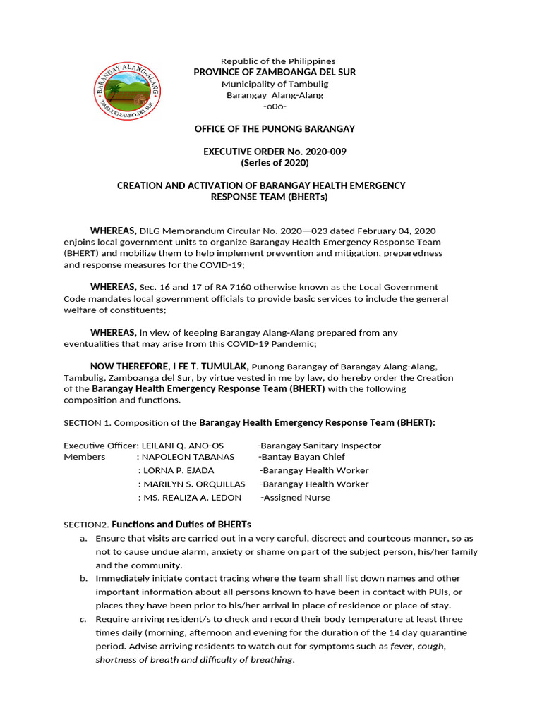 Executive Order Organizing BHERT | PDF | Quarantine | Public Health