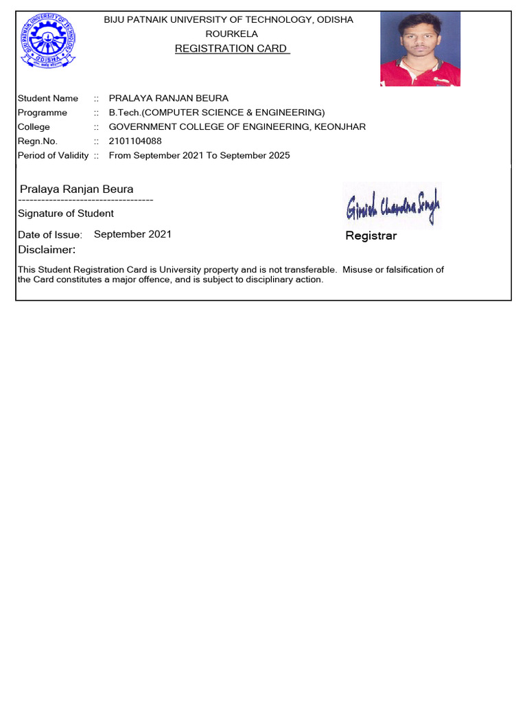 Registration Card 2101104088 | PDF