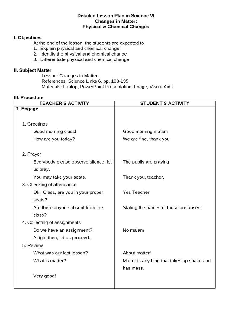 Grade 5 Science Lesson Plan - Chemical and Physical Change | PDF ...