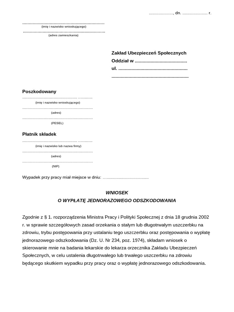 Wniosek o Odszkodowanie Zus | PDF