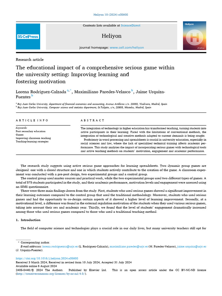 2024-HELIYON-The educational impact of a comprehensive serious game | PDF | Motivation ...