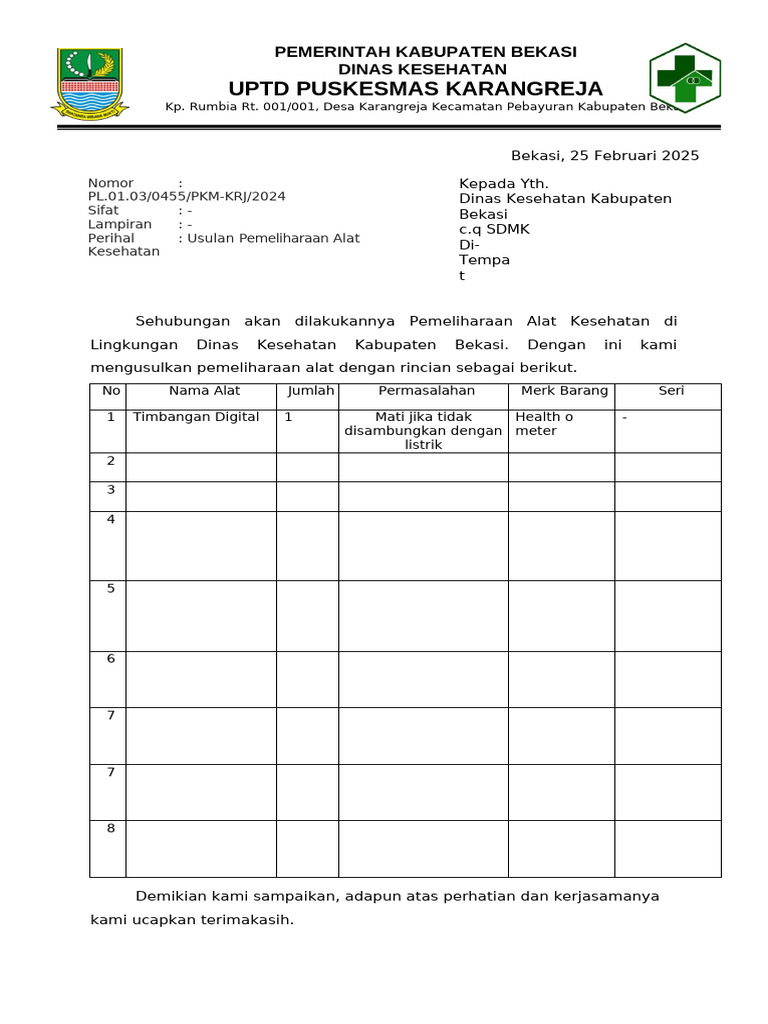 USULAN PEMELIHARAAN ALKES PKM Karangreja | PDF