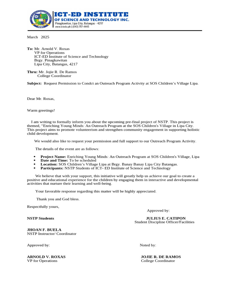 Letter For Outreach Program New | PDF