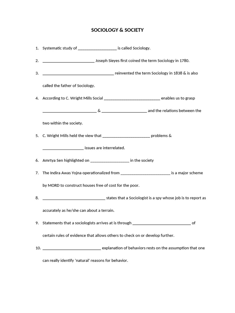 1-Sociology N Society - Fill in The Blanks | PDF | Sociology | Society