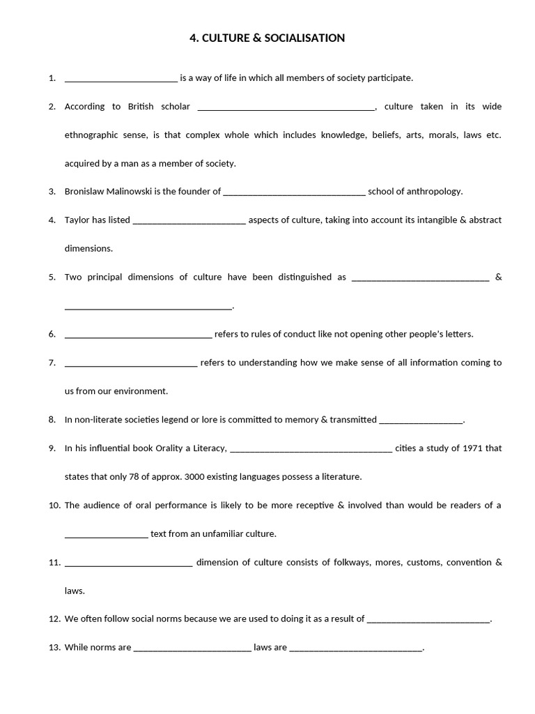 4 - Culture & Sociallisations - Fill in The Blanks | PDF ...