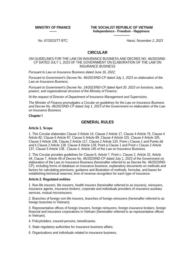 Circular 67/2023 on Insurance Guidelines | PDF | Insurance | Life Insurance