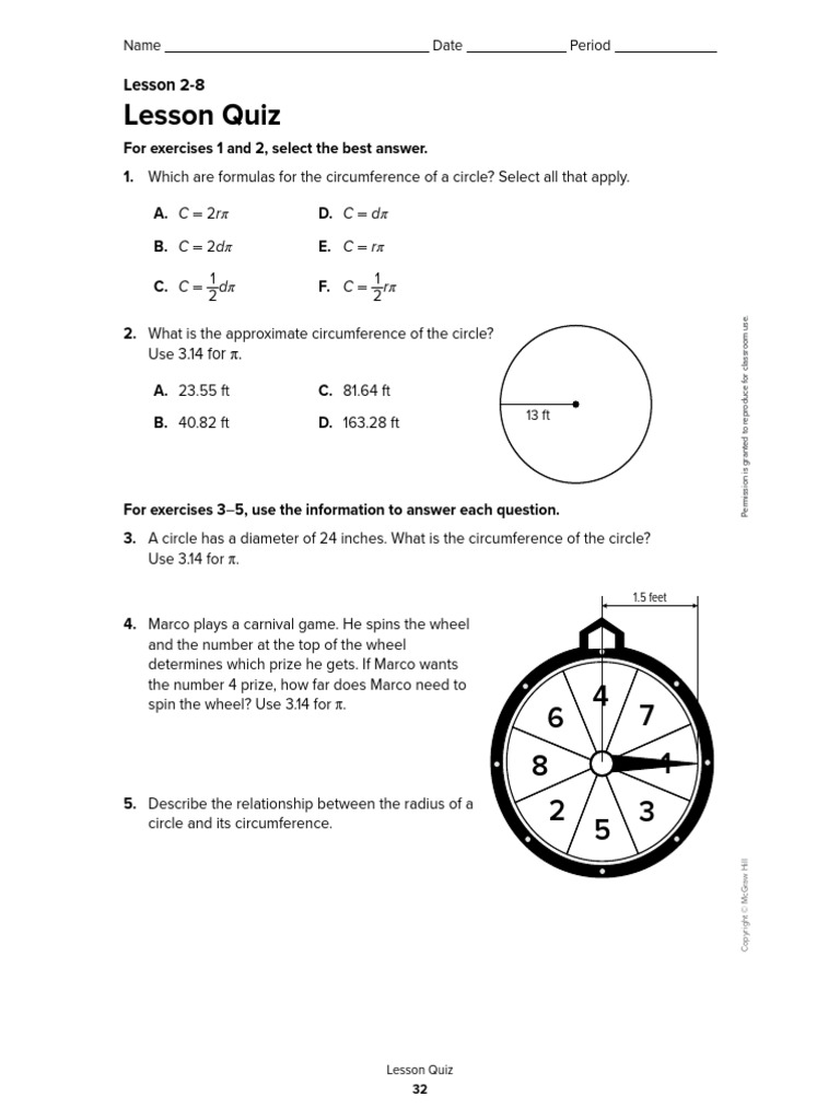 Lesson Quiz_ Solve Problems Involving Circumference of Circles | PDF