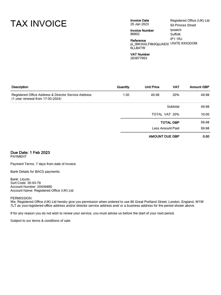 2.A3. Invoice For Registered Address | PDF | Invoice | Value Added Tax
