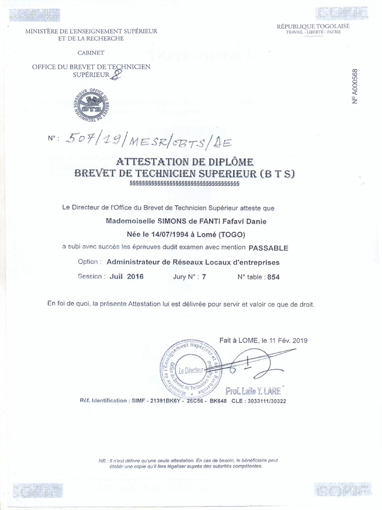 Attestation Diplome Bts Simons de Fanti | PDF