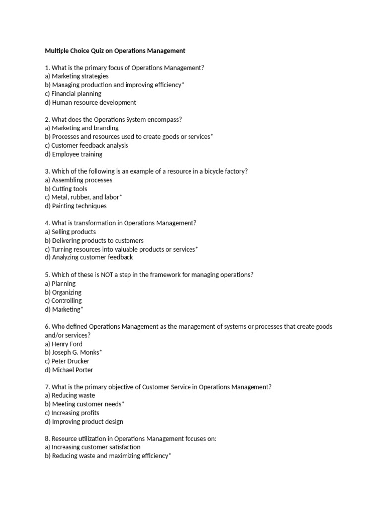 Operations Management Quiz Questions | PDF | Operations Management ...