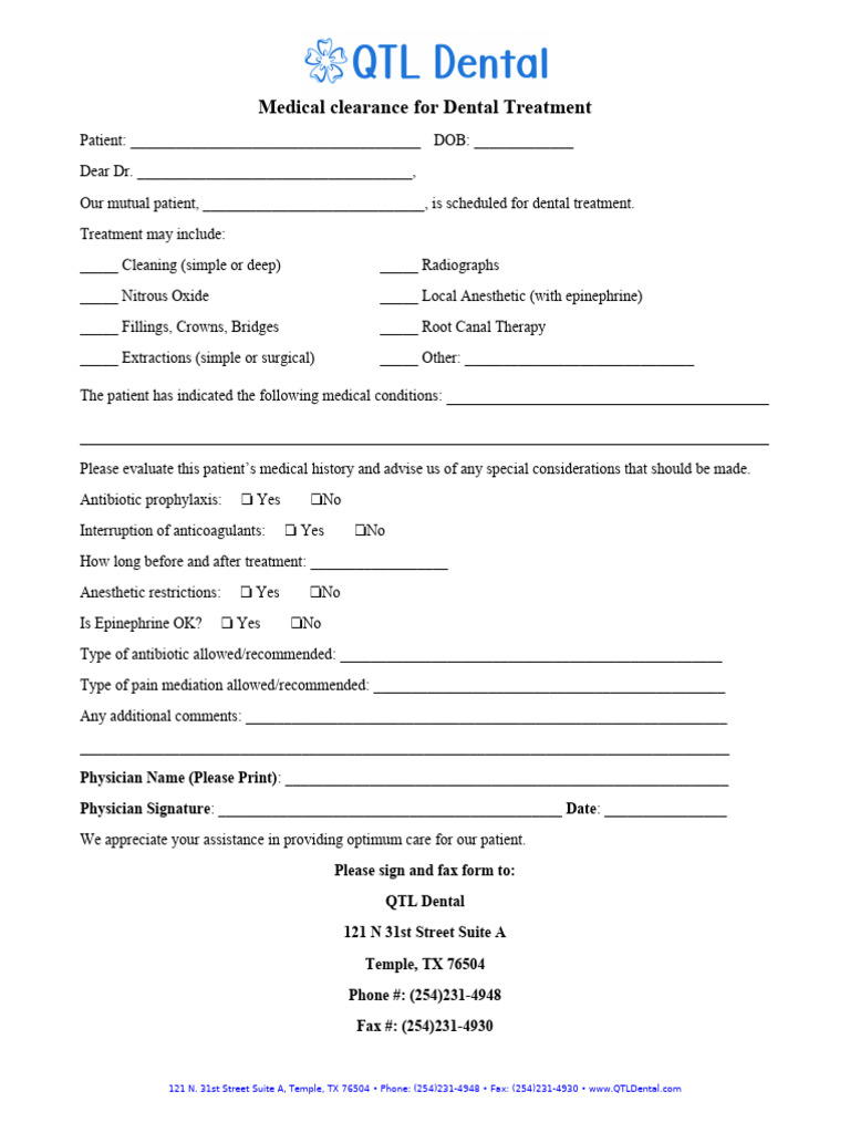 QTL Medical Clearance For Dental Treatment | PDF