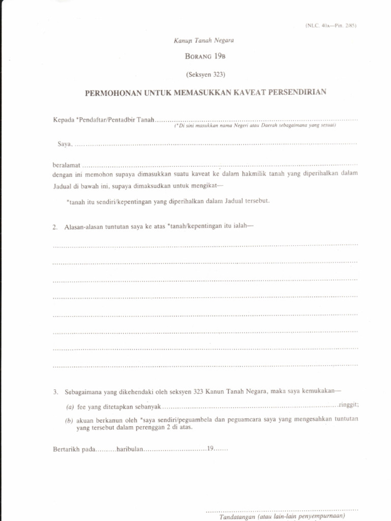 Permohonan Kaveat Persendirian 19B | PDF