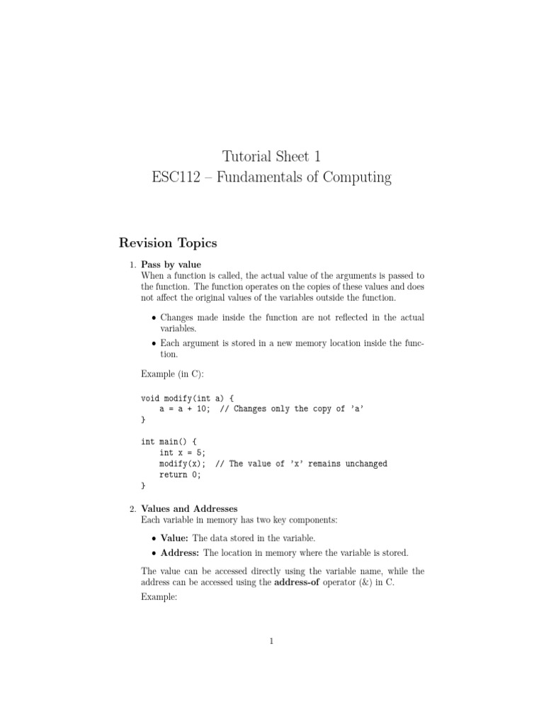 Week1 Tutorial Sheet ESC112 | PDF | Pointer (Computer Programming) | Computer Data