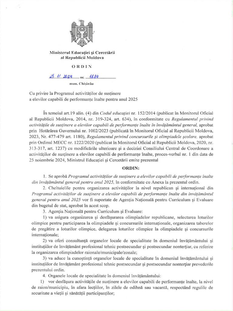 Ordinul Mec 1684 Din 25.11.2024 Program Sustinere Elevi Capabili 2025 | PDF