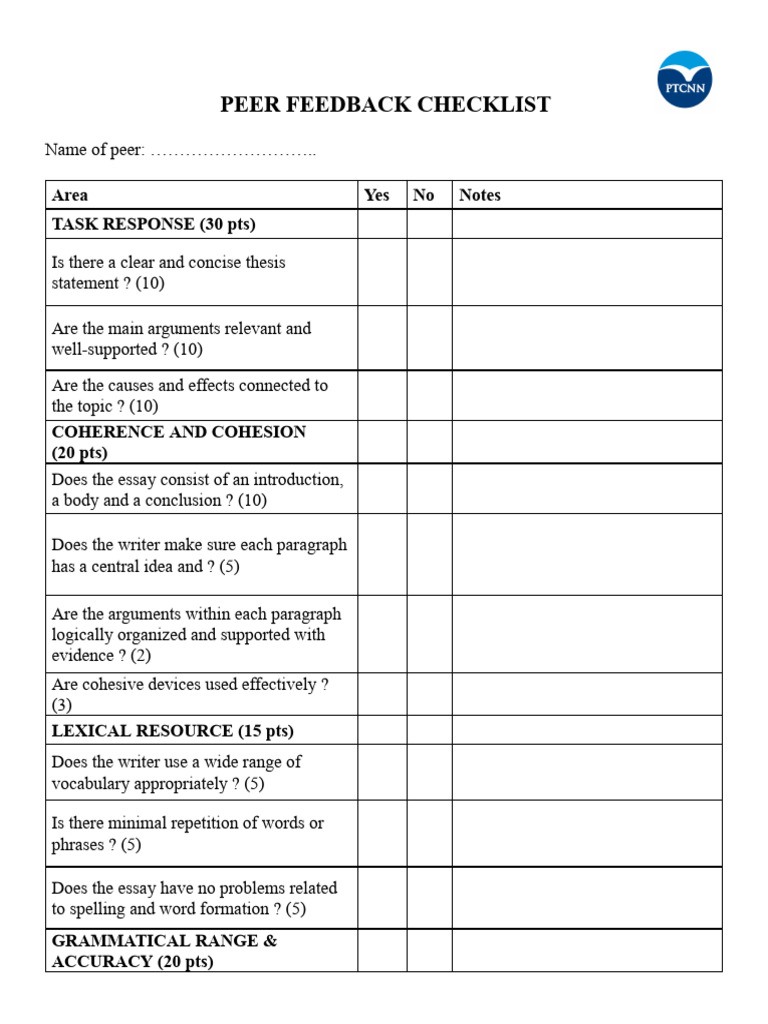[Print] Peer Feedback Check List | PDF
