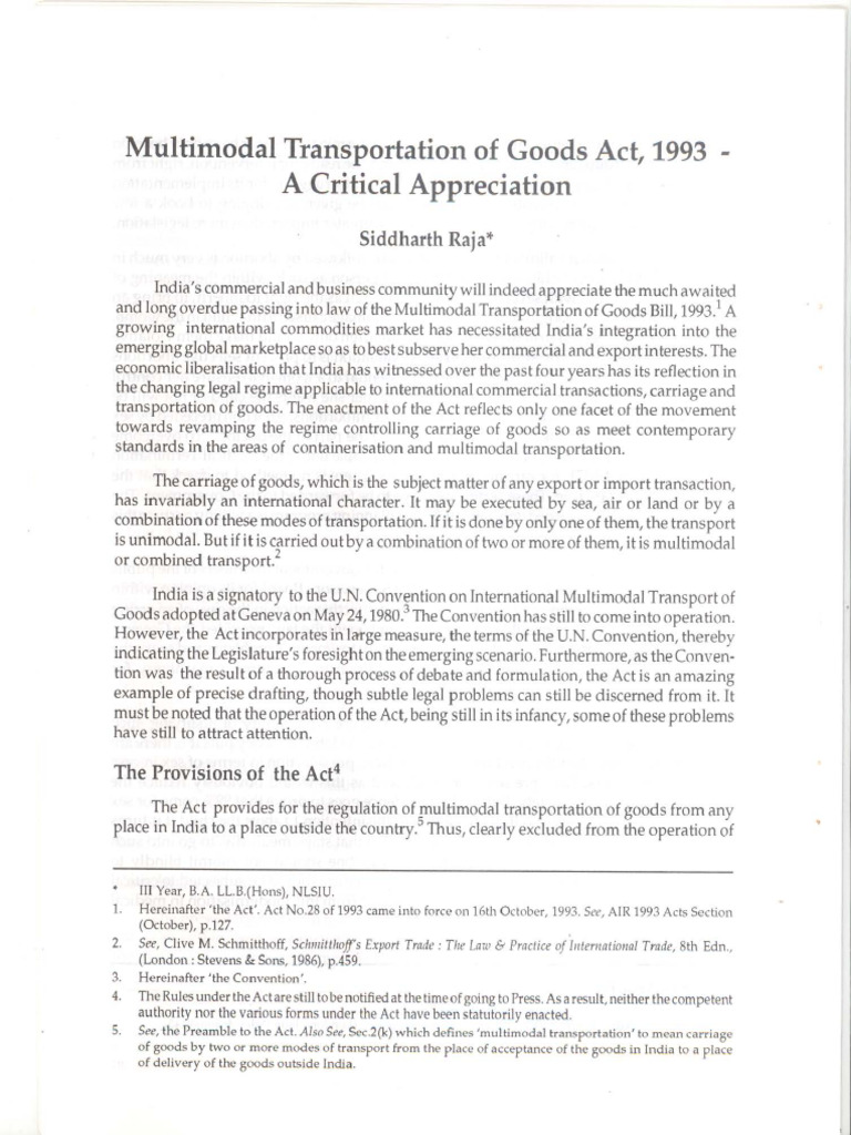 Multimodal Transportation of Goods Act, 1993 | PDF