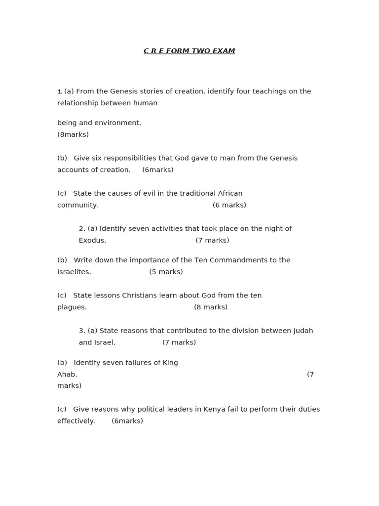 C R e Form Two Exam | PDF