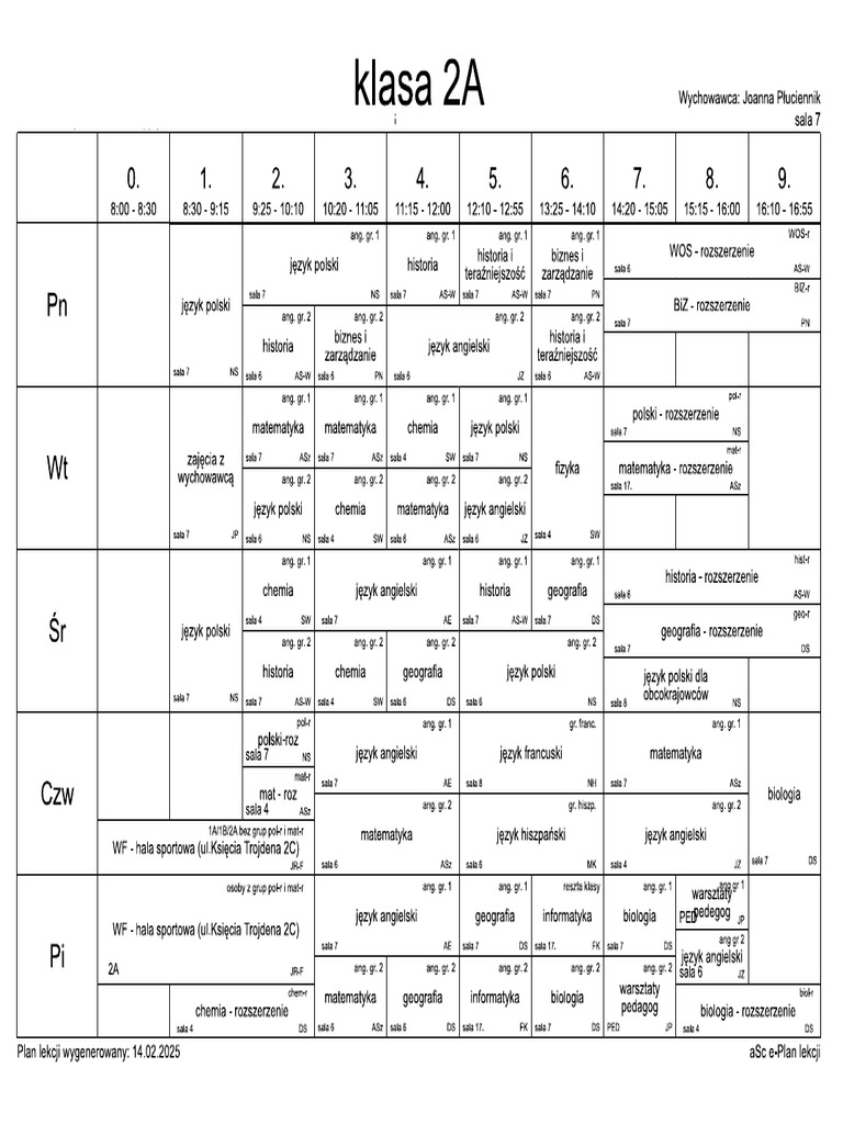 Plan Lekcji LC Klasa 2A (Od 17-02-2025) | PDF