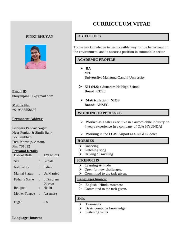 CV of Pinki Bhuyan in Hindi | PDF