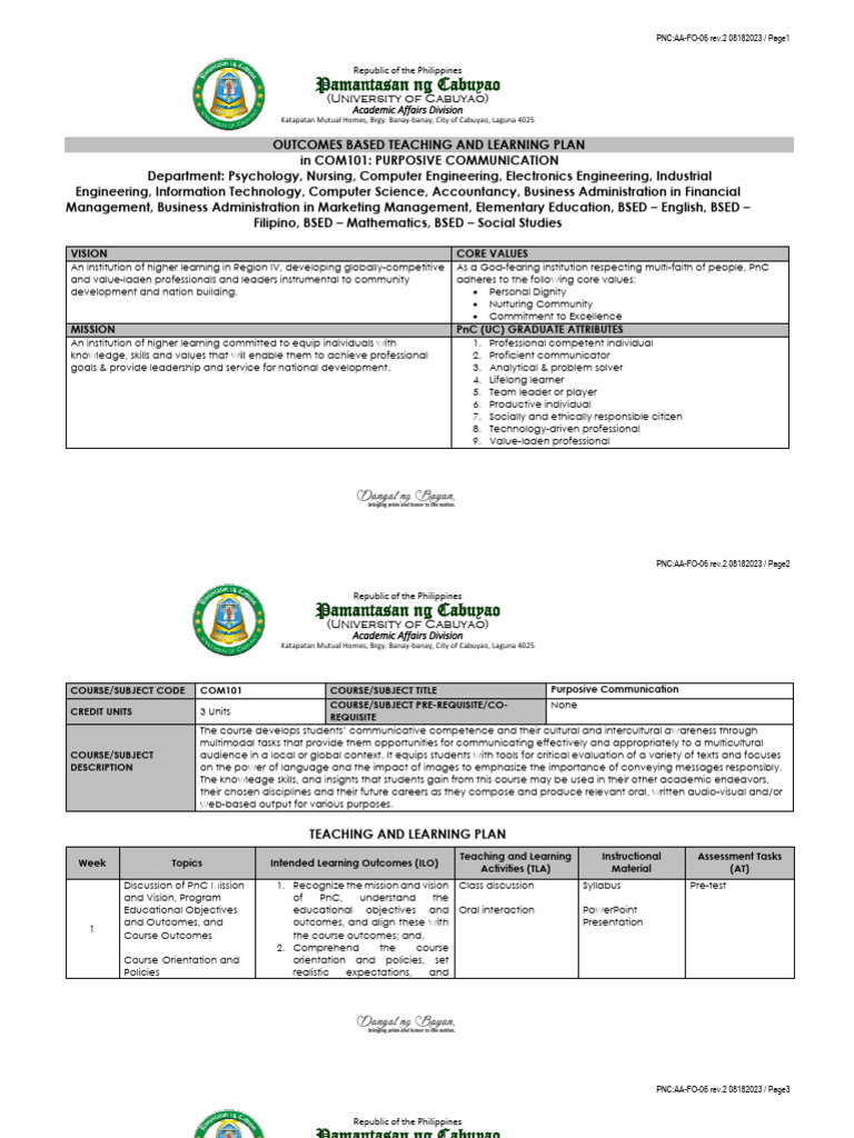 COM101-Purposive Communication-OBTLP (20250115151201) | PDF | Communication | Learning